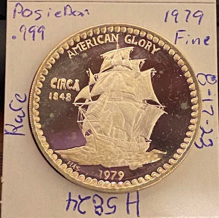 Poseidon 1979 .999 Fine Silver American Glory Circa 1848 Ship H Alvin ...